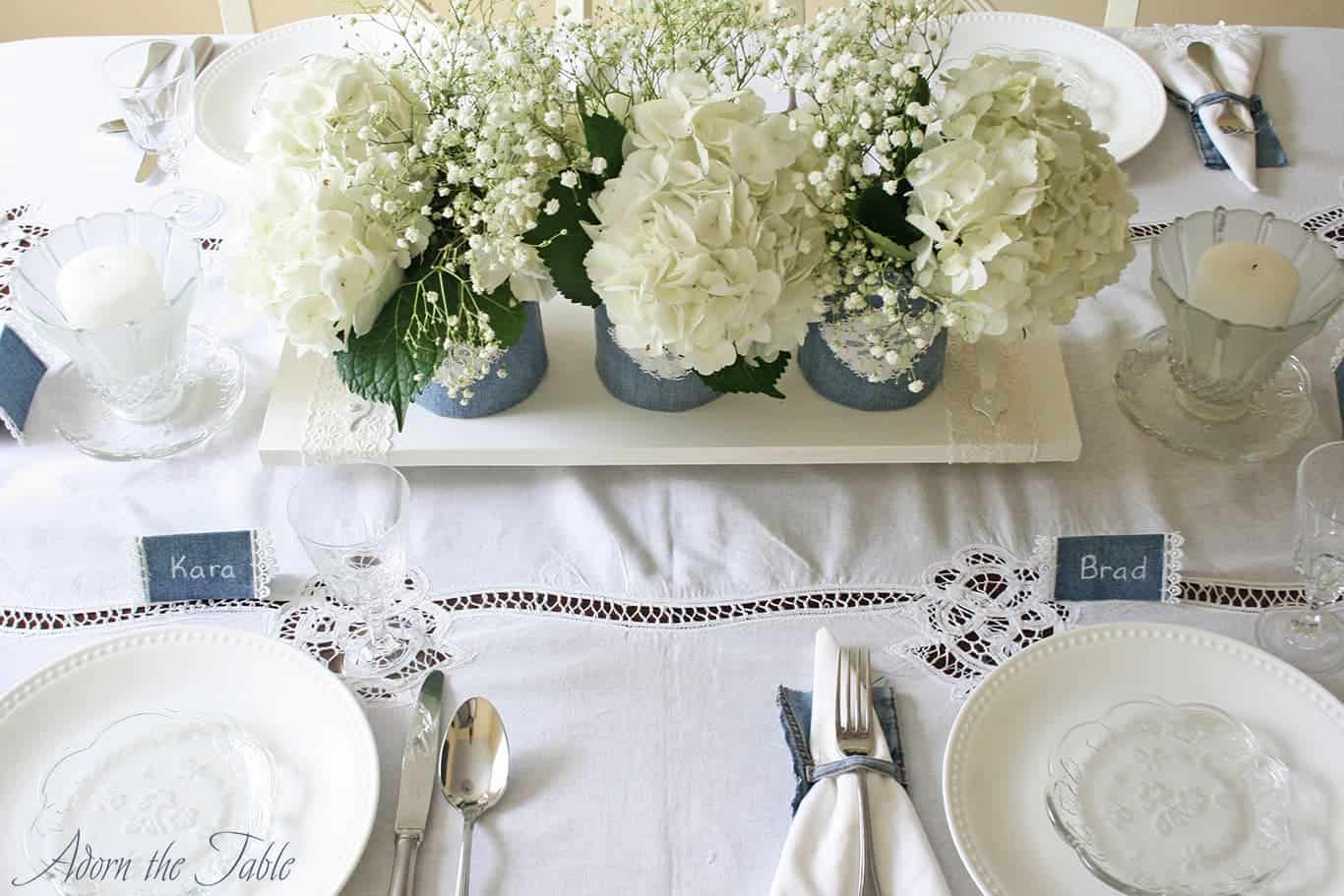 Denim and White Lace Table Setting - Adorn the Table