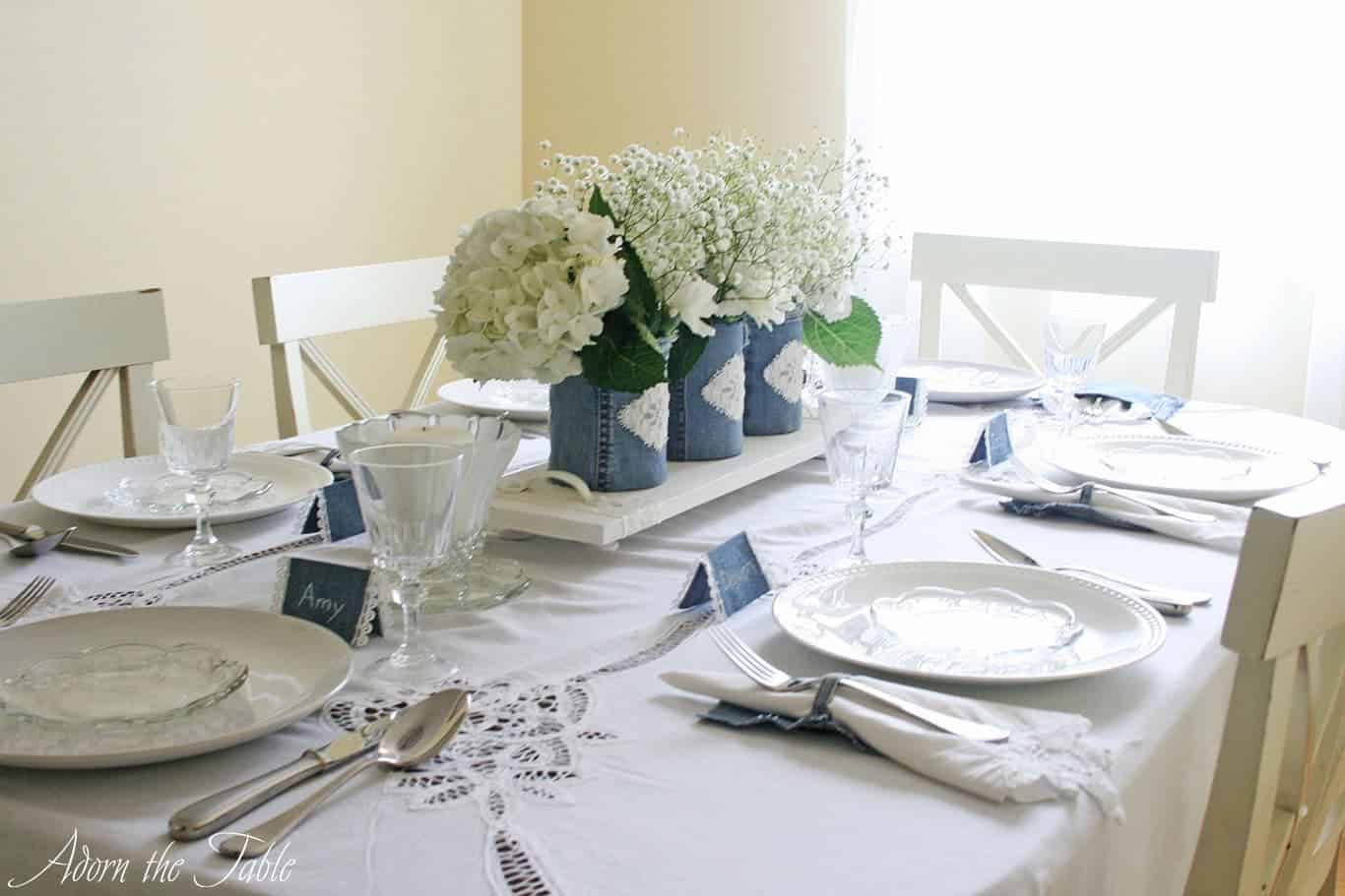 Denim and White Lace Table Setting - Adorn the Table