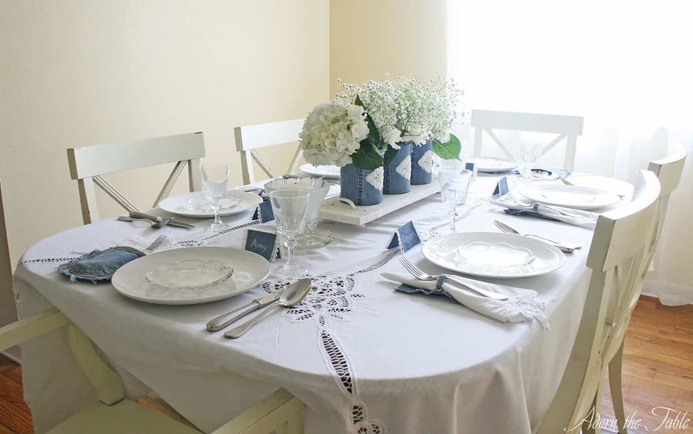 Denim and White Lace Table Setting - Adorn the Table