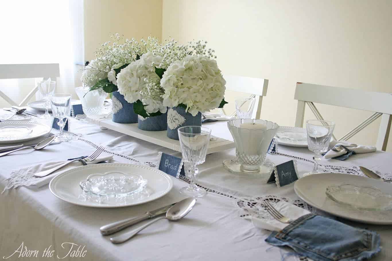 Denim and White Lace Table Setting - Adorn the Table
