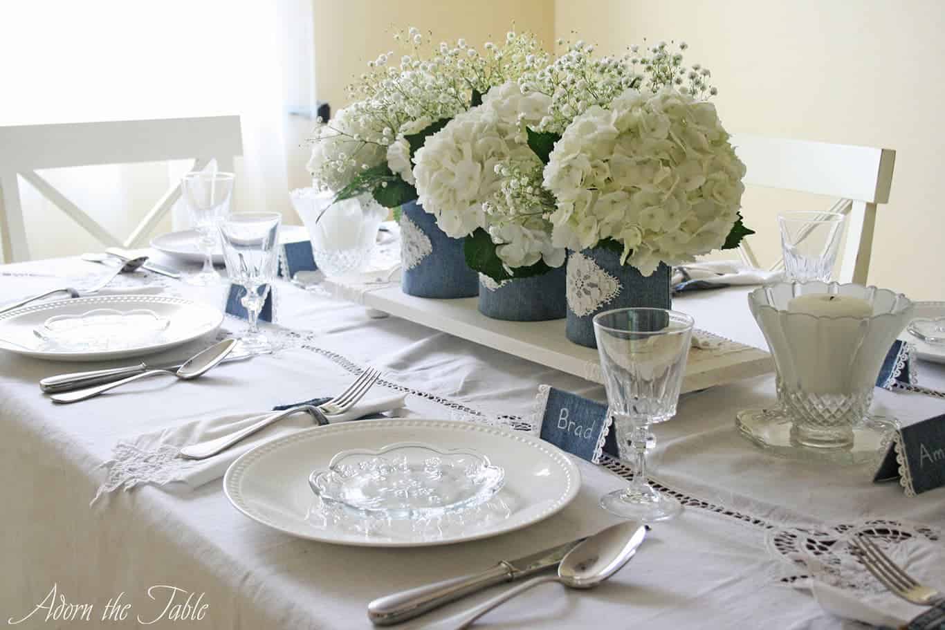 Denim and White Lace Table Setting - Adorn the Table