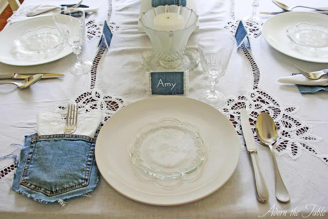 Denim and White Lace Table Setting - Adorn the Table