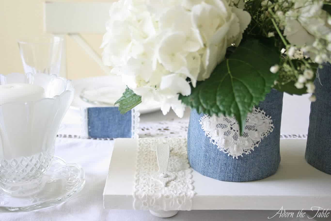 Denim and White Lace Table Setting - Adorn the Table