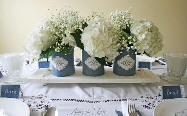 Denim and White Lace Table Setting - Adorn the Table