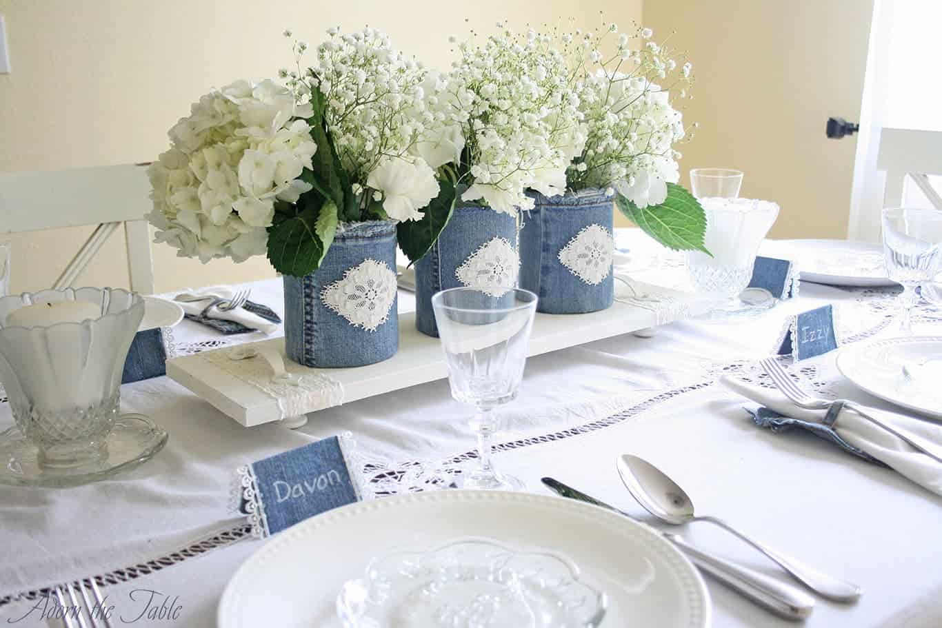 Denim and White Lace Table Setting - Adorn the Table