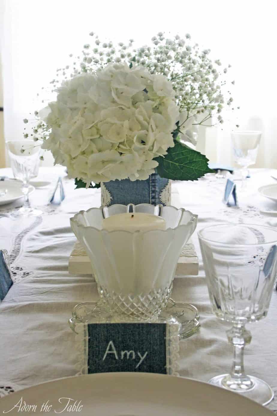 Denim and White Lace Table Setting - Adorn the Table