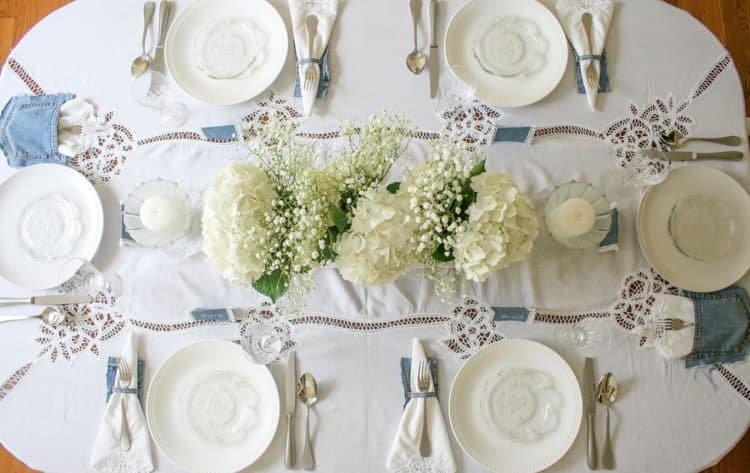 Denim and White Lace Table Setting - Adorn the Table