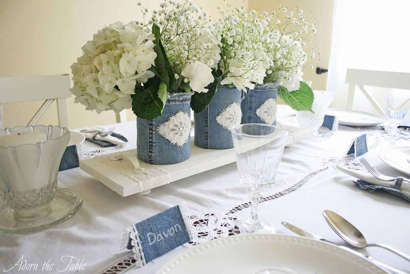 Denim and White Lace Table Setting - Adorn the Table